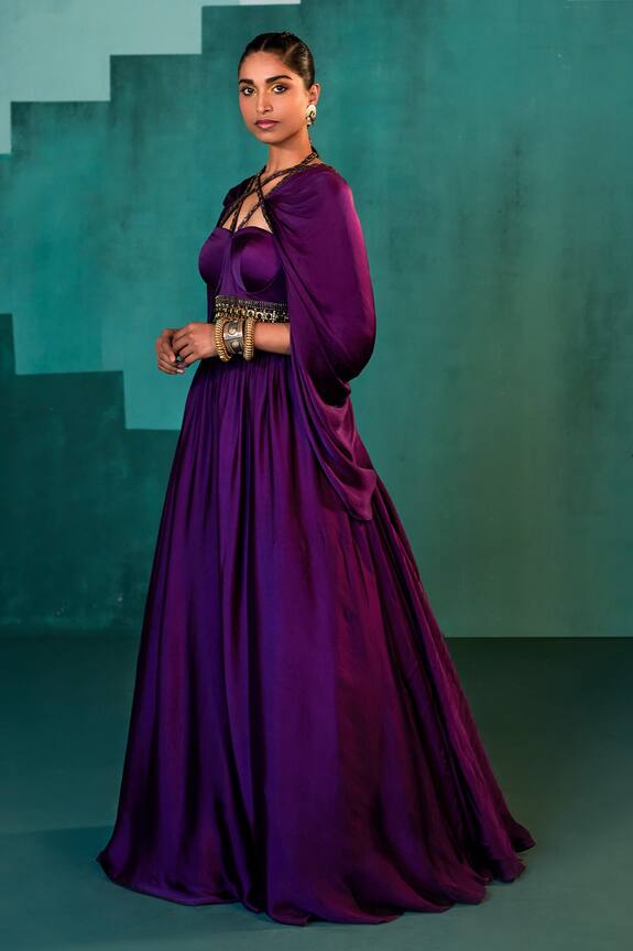 Buy Agunj by Gunjan Arora Purple Shantoon Satin Draped Corset And Skirt ...