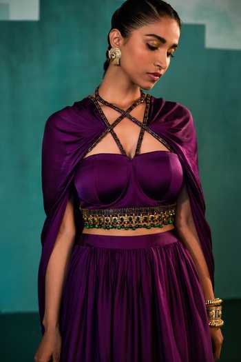 Buy Agunj by Gunjan Arora Purple Shantoon Satin Draped Corset And Skirt ...