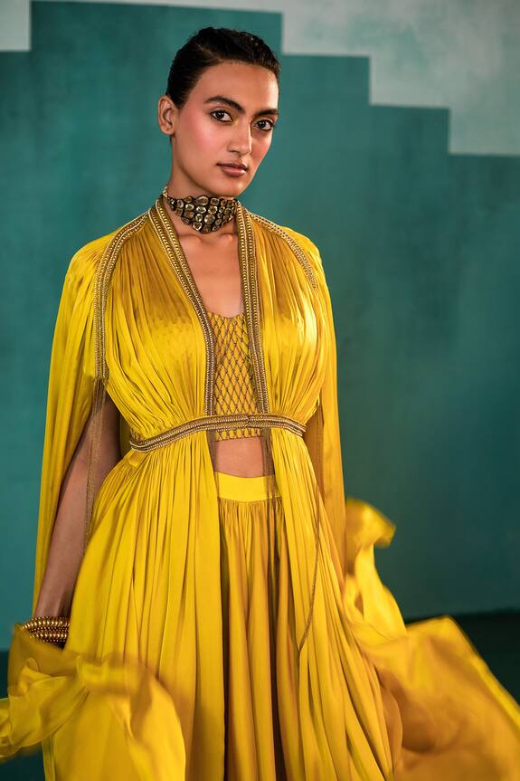 Buy Agunj by Gunjan Arora Yellow Shantoon Draped Cape And Sharara Set ...