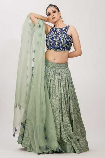 Buy Shruti S Green Silkcholi Silk Hand Block Print Lehenga Set Online ...