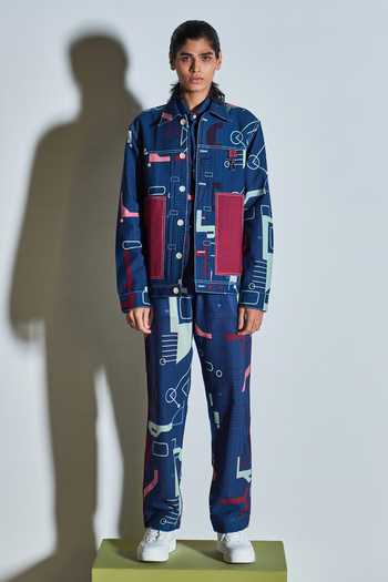 Buy Line out line Blue Cotton Linen Jacket Online | Aza Fashions