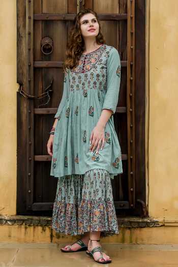 Buy Missprint Blue Cotton Hand Block Print Kurta And Sharara Set Online ...