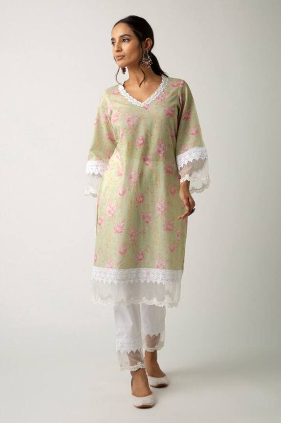 Buy Roze Green Cotton Keya Floral Print Kurta Online | Aza Fashions