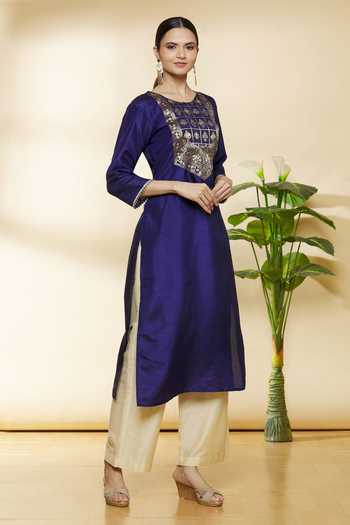 Buy Naintara Bajaj Blue Polyester Woven Bodice Kurta Online | Aza Fashions