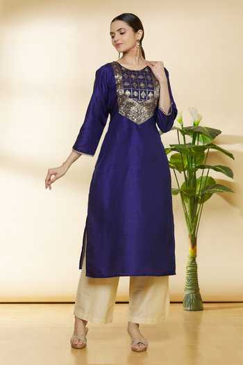 Buy Naintara Bajaj Blue Polyester Woven Bodice Kurta Online | Aza Fashions