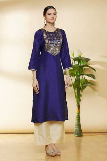 Buy Naintara Bajaj Blue Polyester Woven Bodice Kurta Online | Aza Fashions