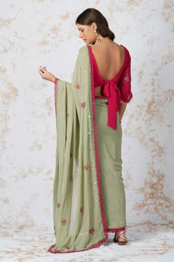 Buy Devyani Mehrotra Green Georgette Floral Embroidered Saree Online ...