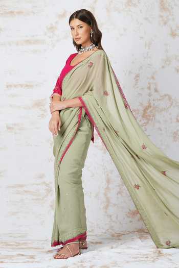 Buy Devyani Mehrotra Green Georgette Floral Embroidered Saree Online ...