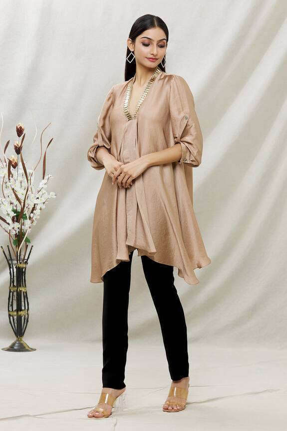 Buy Kommal Sood Beige Satin Asymmetric Tunic Online | Aza Fashions
