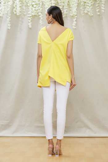 Buy Megha Garg Yellow Scuba Asymmetric Draped Top Online | Aza Fashions