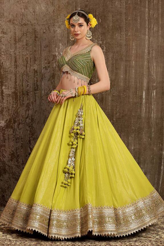 Buy Shikhar Sharma Green Shimmer Chanderi Lehenga Set Online | Aza Fashions