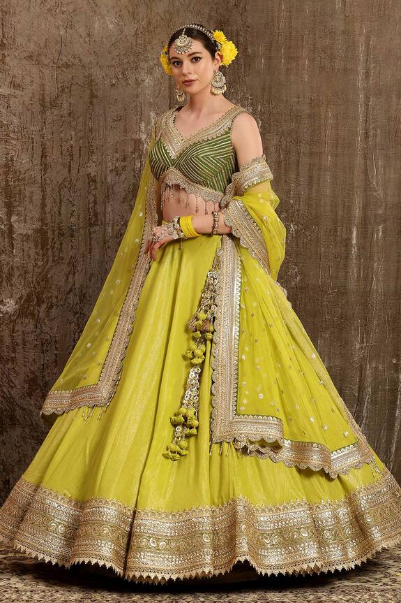 Buy Shikhar Sharma Green Shimmer Chanderi Lehenga Set Online | Aza Fashions