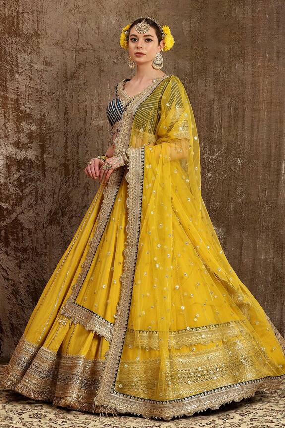 Buy Shikhar Sharma Blue Shimmer Chanderi Lehenga Set Online | Aza Fashions