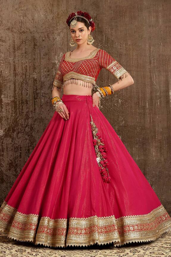 Buy Shikhar Sharma Red Shimmer Chanderi Lehenga Set Online | Aza Fashions