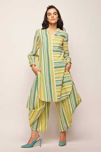 Buy Swati Vijaivargie Green Linen Cotton Striped Patterned Tunic Online ...