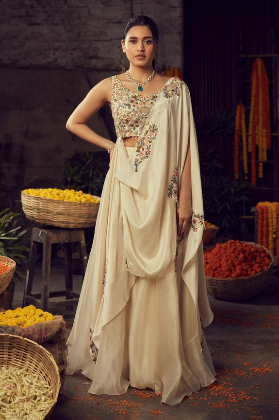 Buy Nehha Nhata White Organza Floral Embroidered Blouse Sharara Set ...