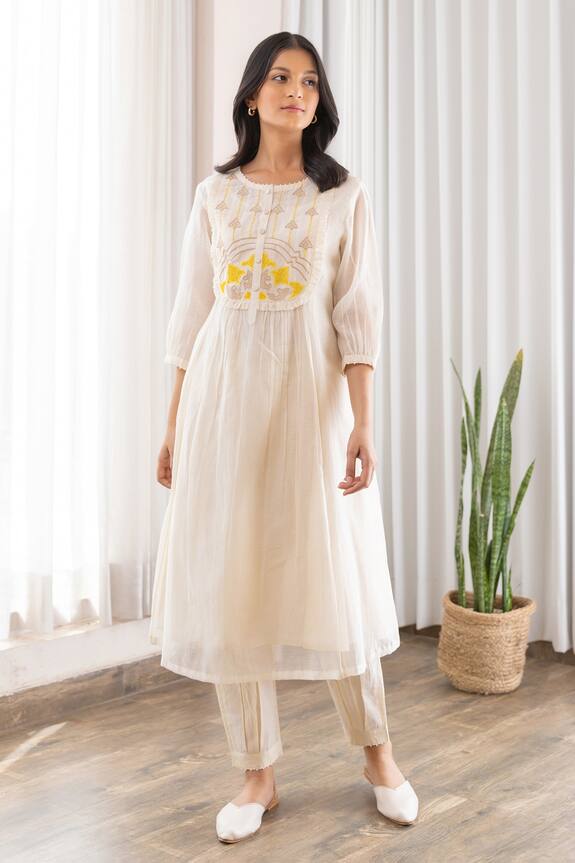 Buy Khamaj India White Chanderi Kurta And Pant Set Online | Aza Fashions