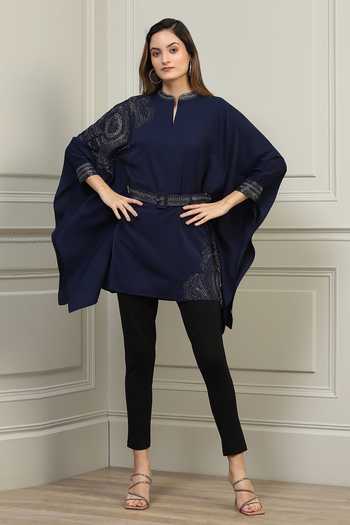 Buy Ranna Gill Blue Crepe Mandarin Collar Tunic Online | Aza Fashions