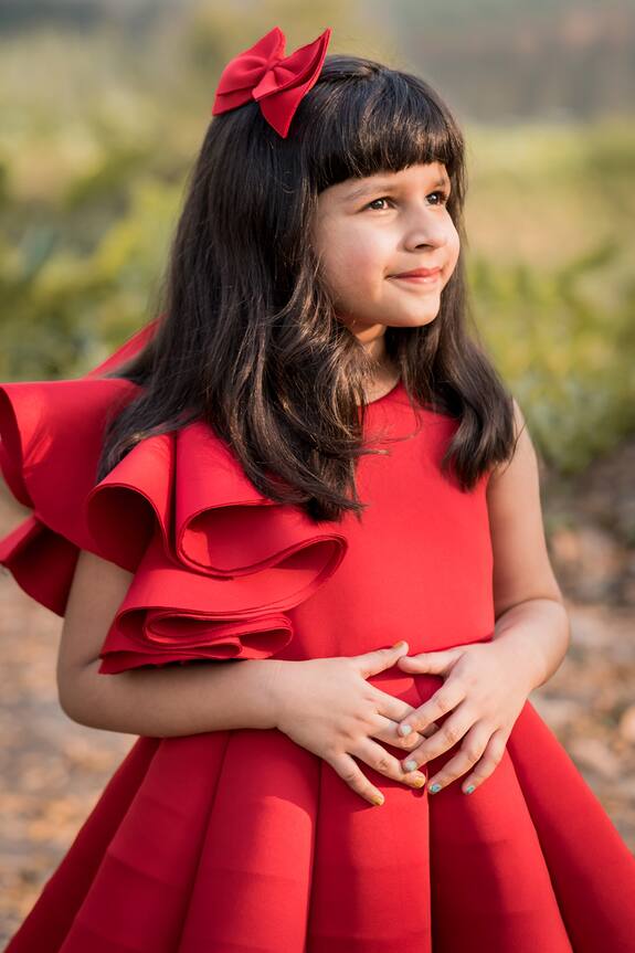 Buy Toplove Red One Shoulder Ruffle Sleeve Gown For Girls Online | Aza ...