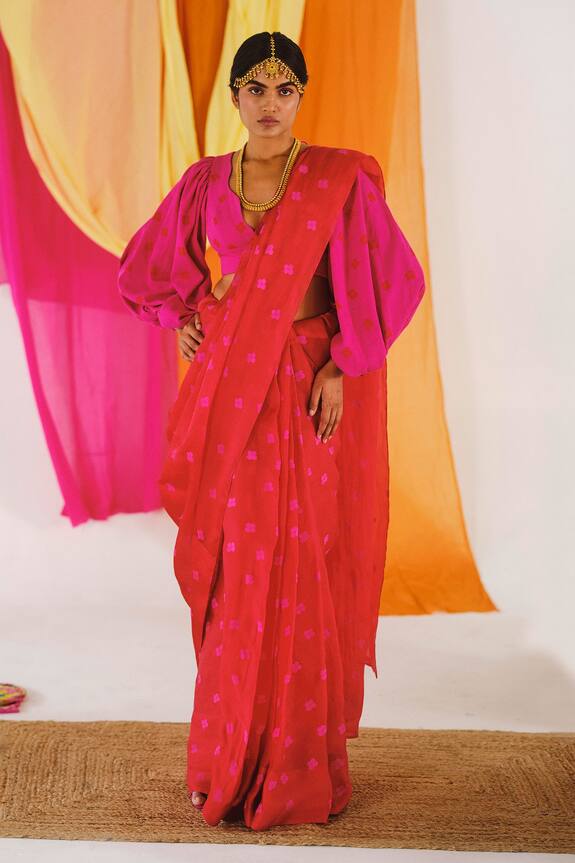 Buy Little Things Studio Red Organza Kesar Floral Print Saree Online ...