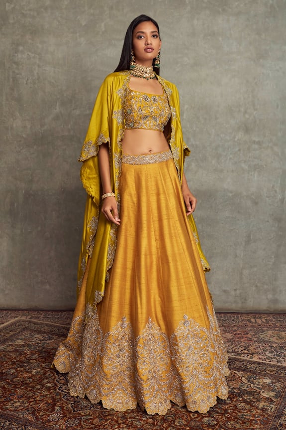 Buy Jayanti Reddy Yellow Raw Silk Embroidered Cape Lehenga Set Online ...