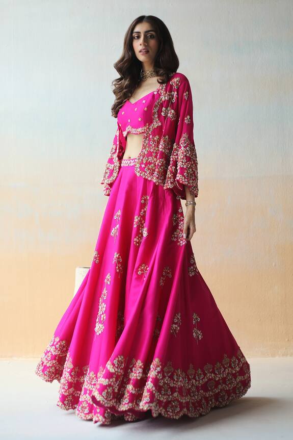 Buy Aman Takyar Pink Dupion Silk Embroidered Cape Lehenga Set Online ...