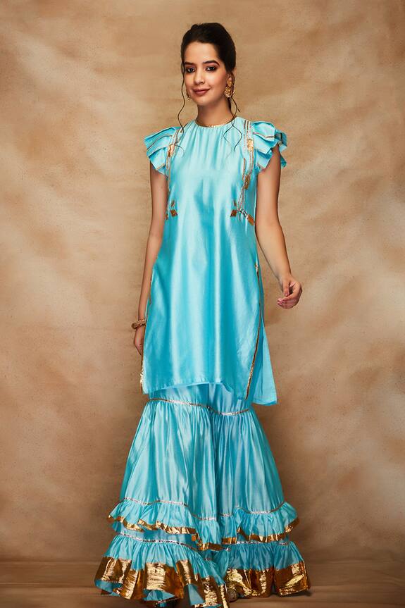 Buy Gulabo by Abu Sandeep Blue Pure Chanderi Silk Ruffle Sleeve Gota ...