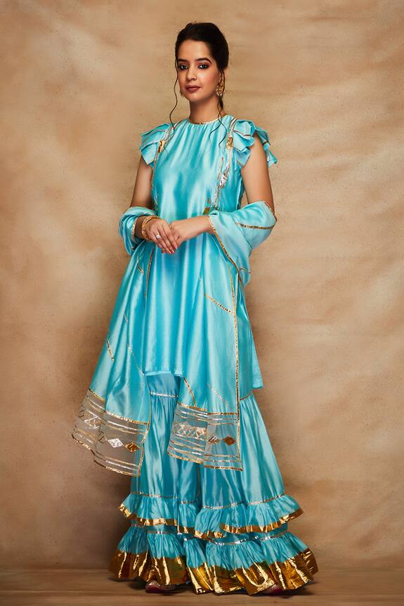 Buy Gulabo by Abu Sandeep Blue Pure Chanderi Silk Ruffle Sleeve Gota ...