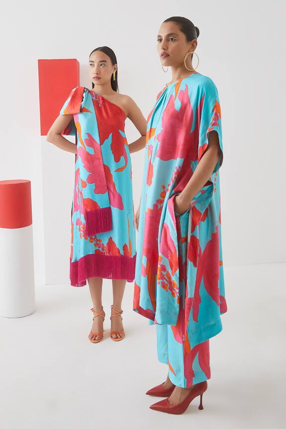 Buy Studio Rigu Blue Vegan Silk One Shoulder Midi Dress Online | Aza ...