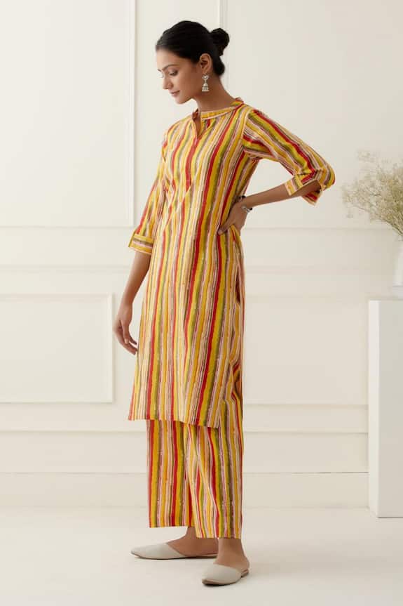 Buy Musal Yellow Cotton Dax Stripe Print Kurta Set Online | Aza Fashions