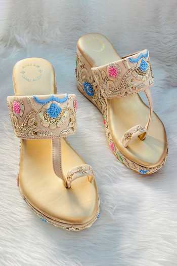 Buy Rajasthani Stuff Gold Suede Floral Embroidered Wedges Online | Aza ...
