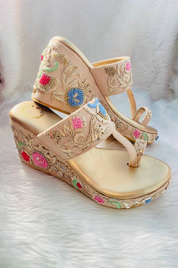 Buy Rajasthani Stuff Gold Suede Floral Embroidered Wedges Online | Aza ...