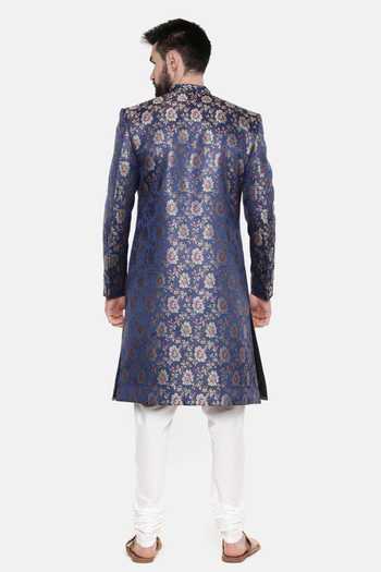 Buy Mayank Modi - Men Blue Banarasi Silk Brocade Sherwani With Churidar ...