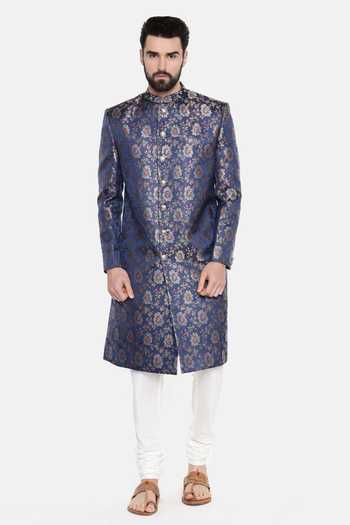 Buy Mayank Modi - Men Blue Banarasi Silk Brocade Sherwani With Churidar ...