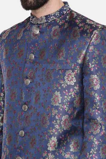 Buy Mayank Modi - Men Blue Banarasi Silk Brocade Sherwani With Churidar ...