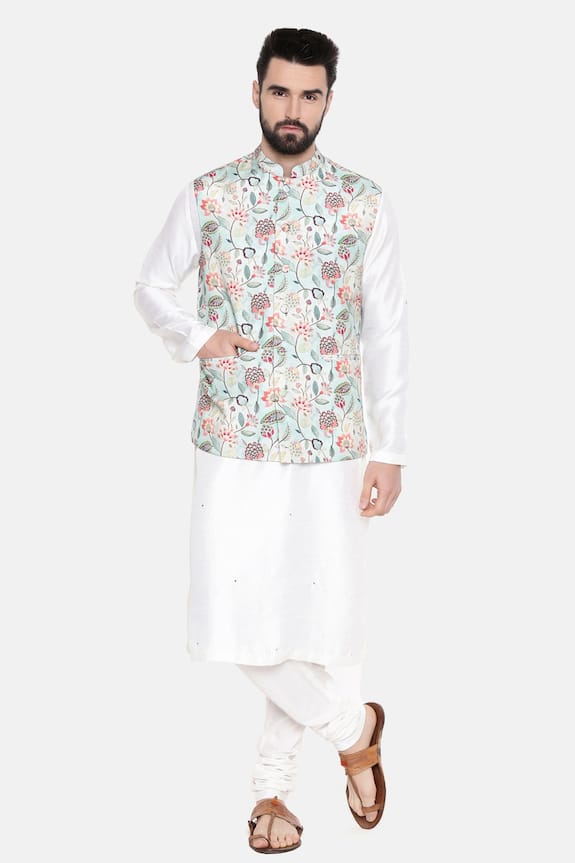 Buy Mayank Modi - Men Green Silk Floral Print Bundi Online | Aza Fashions