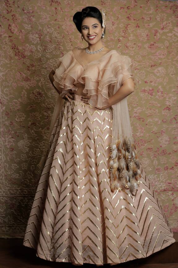 Buy Amrin khan Peach Organza Skirt Set With Ruffle Blouse Online | Aza ...