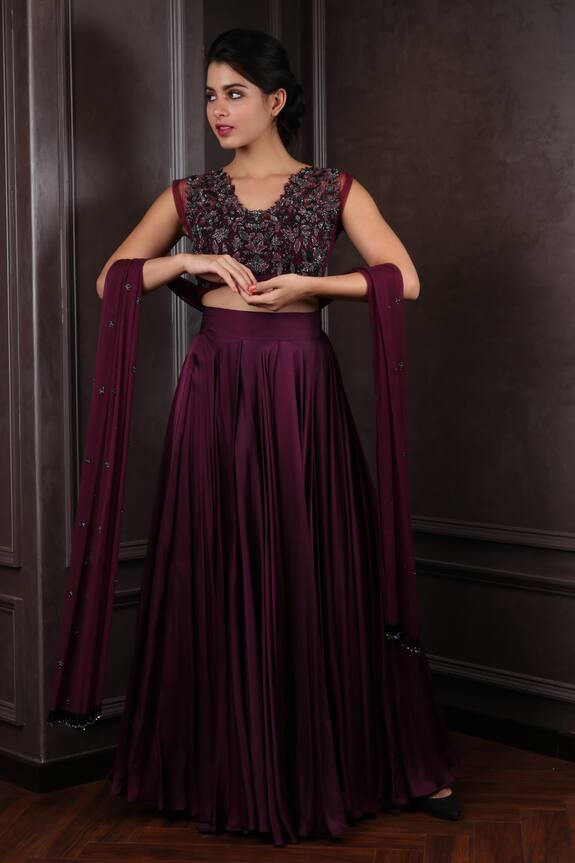 Buy Amrin khan Wine Satin Silk Lehenga Set Online | Aza Fashions