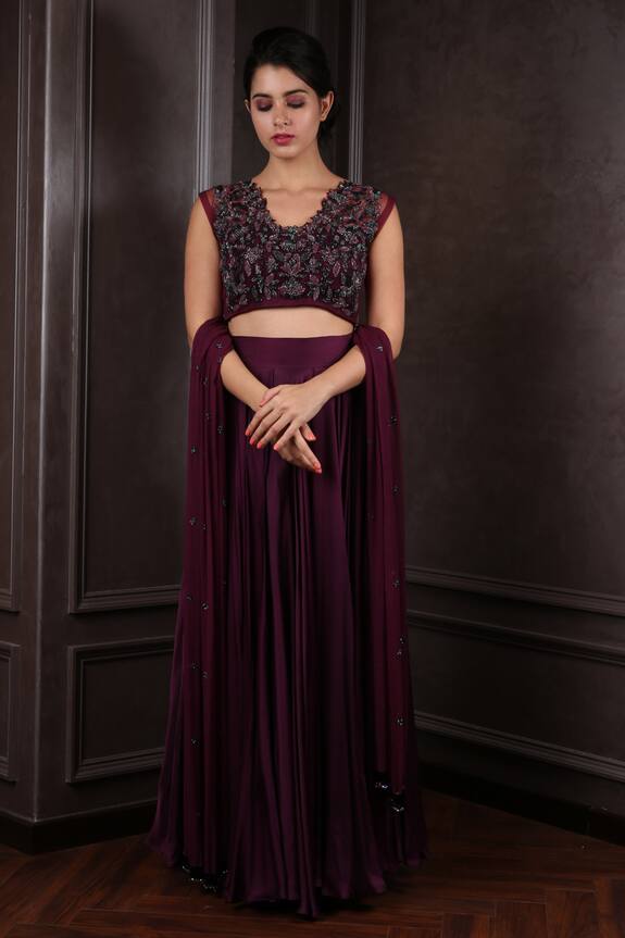 Buy Amrin khan Wine Satin Silk Lehenga Set Online | Aza Fashions