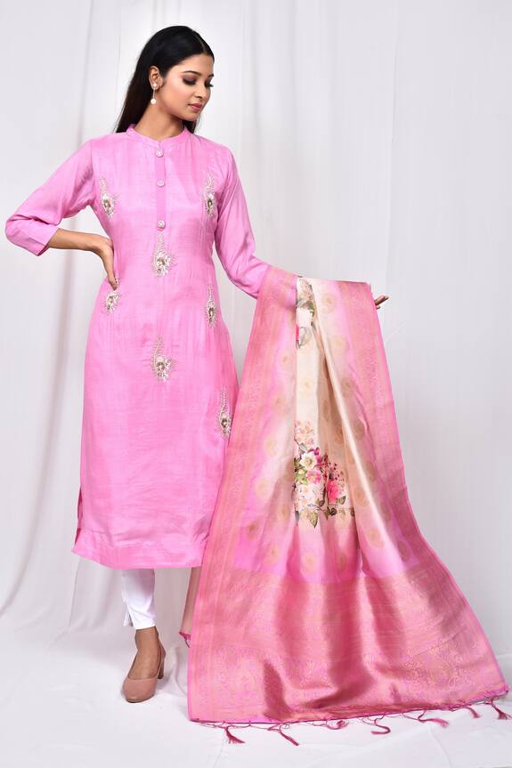 Buy Naintara Bajaj Pink Cotton Silk Floral Embroidered Kurta Set Online ...