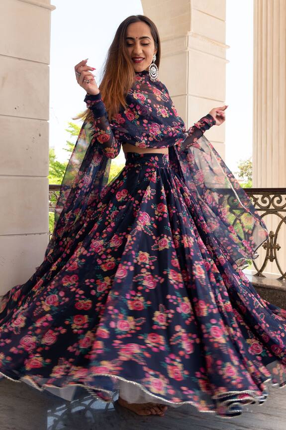 Buy Pomcha Jaipur Blue Organza Floral Print Lehenga Set Online | Aza Fashions