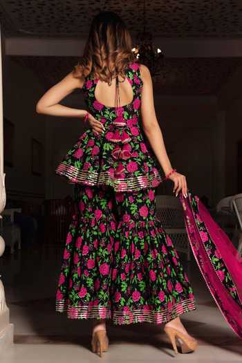 Buy Pomcha Jaipur Black Cotton Hand Block Print Kurta Sharara Set ...