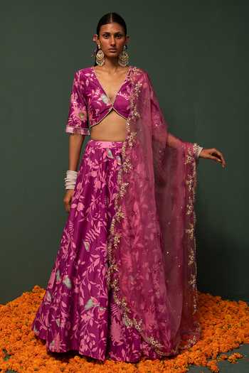 Buy Chrkha Pink Silk Floral Print Lehenga Set Online | Aza Fashions
