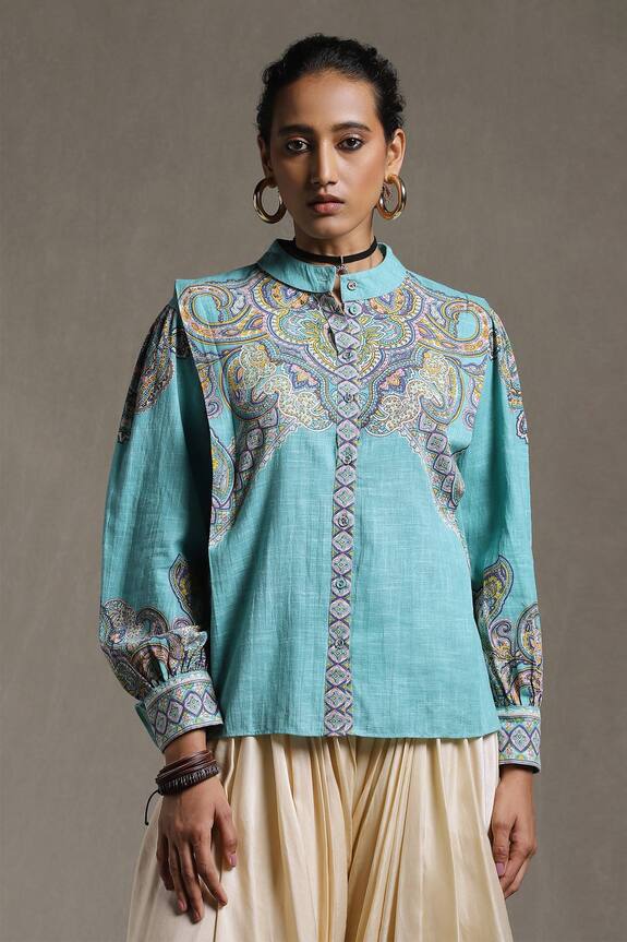 Buy Ritu Kumar Green Paisley Print Shirt Online | Aza Fashions