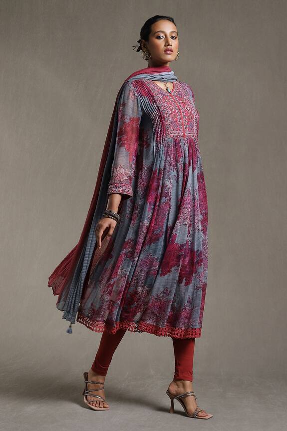 Buy Ritu Kumar Blue Viscose Chiffon Leaf Print Anarkali Set Online ...