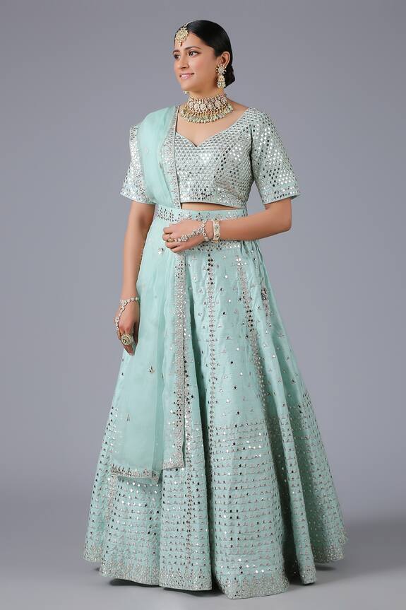 Buy Minaki Blue Raw Silk Mirror Embroidered Lehenga Set Online | Aza ...
