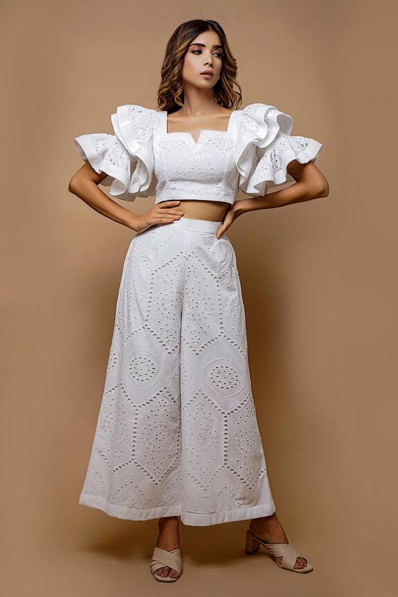 Buy Ahi Clothing White Cotton Cutwork Crop Top And Flared Pant Set ...