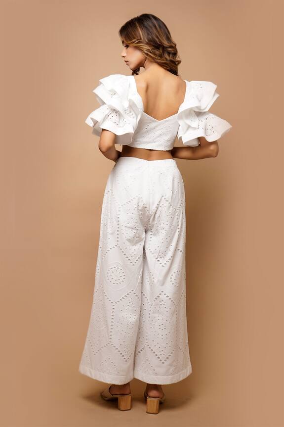 Buy Ahi Clothing White Cotton Cutwork Crop Top And Flared Pant Set ...