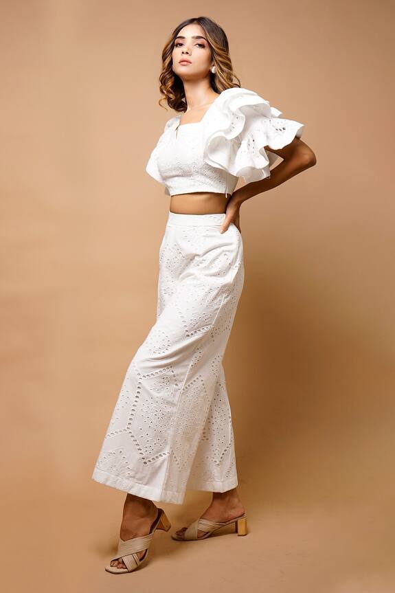 Buy Ahi Clothing White Cotton Cutwork Crop Top And Flared Pant Set ...