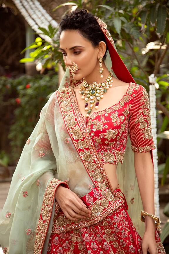 Buy Pallavi Poddar Raw Silk Floral Embroidered Lehenga Set Online | Aza ...